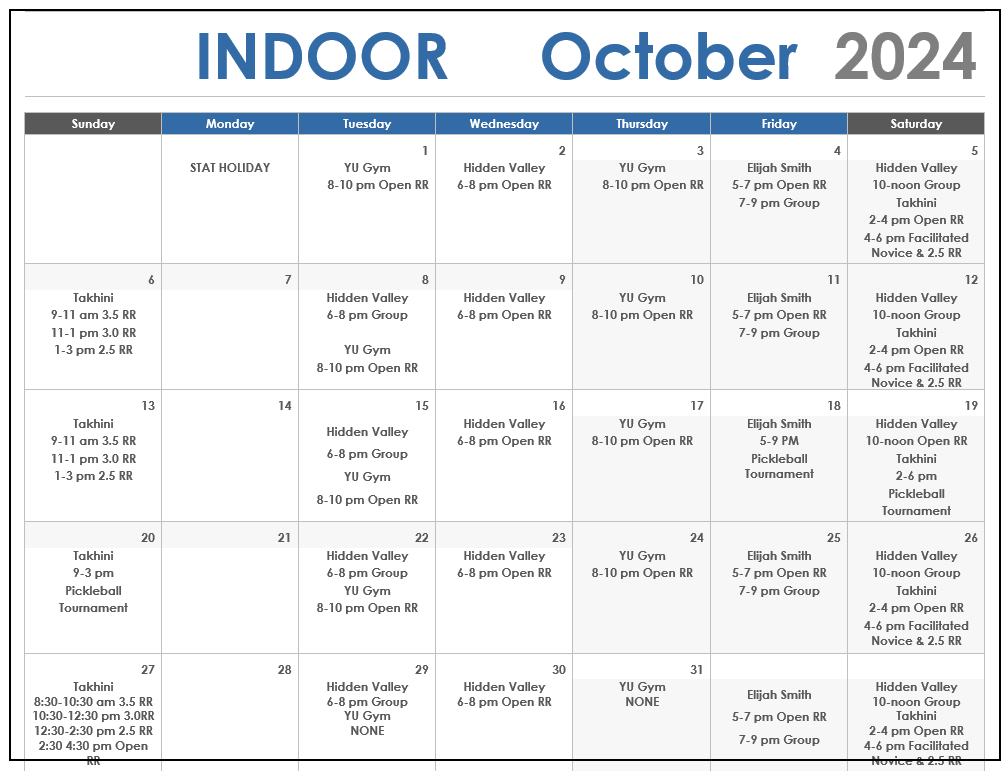 INDOOR CALENDAR - Yukon Pickleball Association